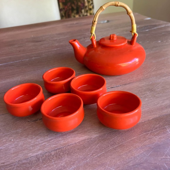 Vintage | Kitchen | Vintage Orange Tea Pot And Tea Cups | Poshmark